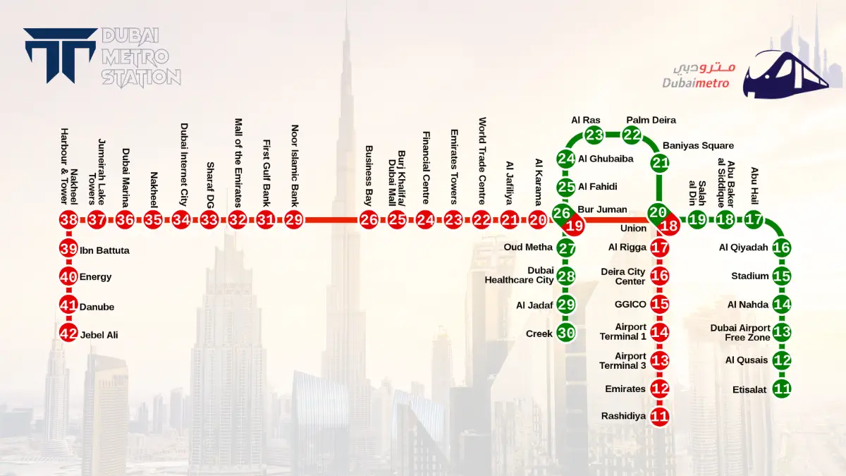 Dubai's Dubai Metro Map Green and Red Line (All Stations) - Dubai's ...